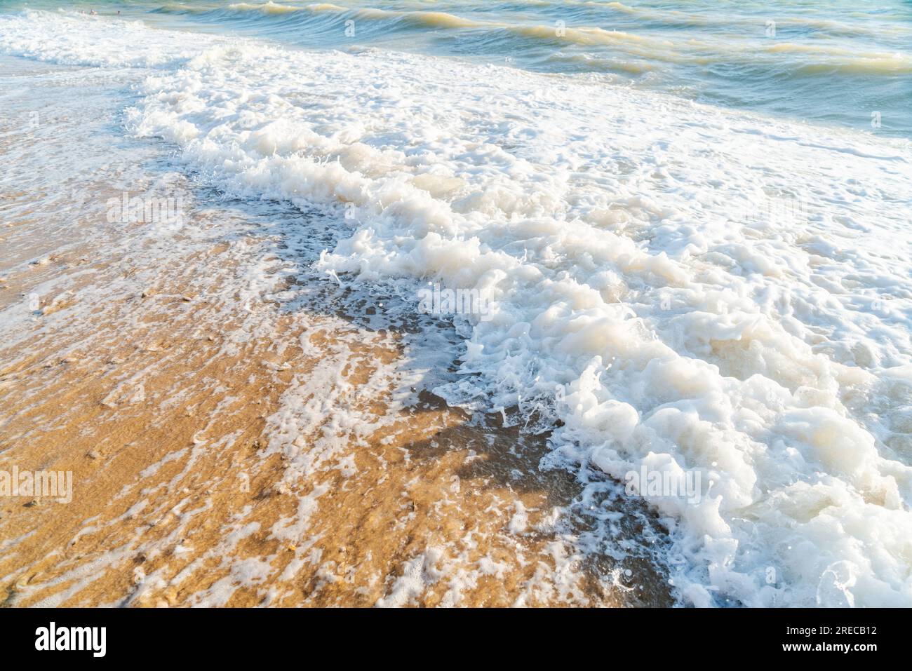 foaming rolling waves on the sandy shore Stock Photo - Alamy