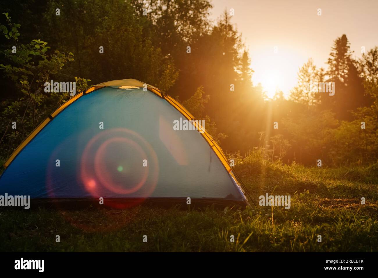 Blue camping tent set near beautiful green forest during amazing ...
