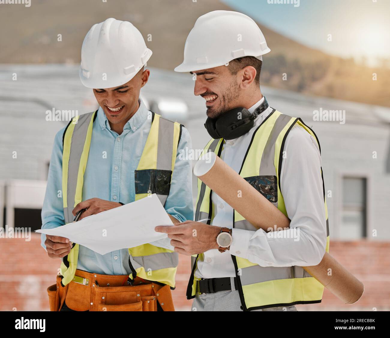 Architecture blueprint, construction site and happy people teamwork on ...