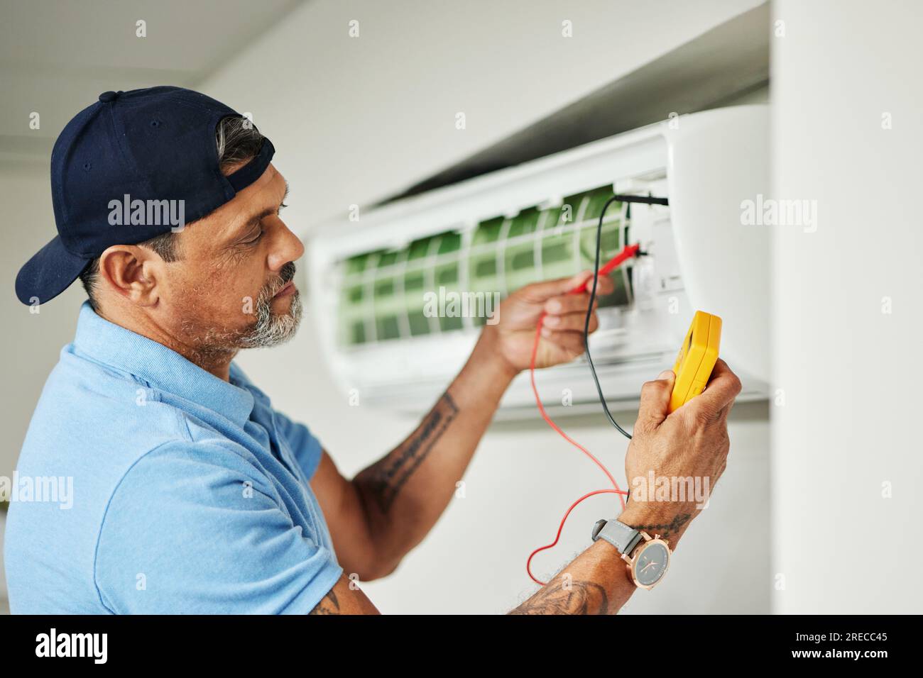 Electrician, multimeter and test for power, electricity or energy ...