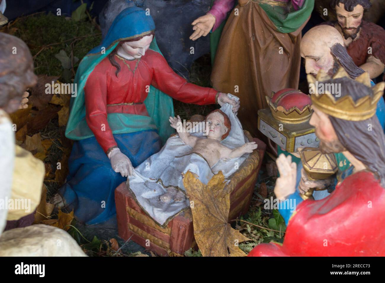 Nativity scene from figurine crib. Focus on Mary and baby Jesus Stock ...