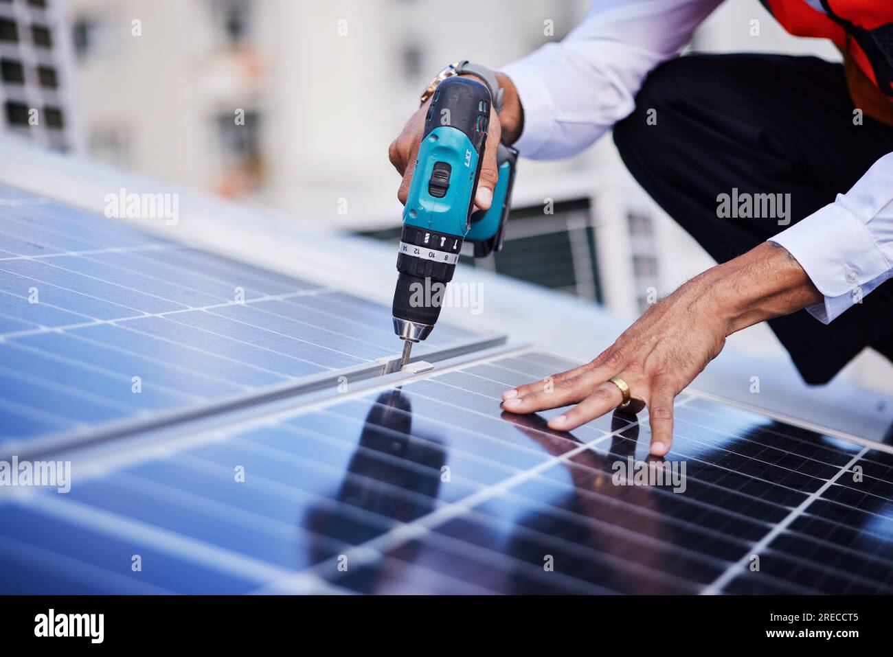 Solar panels, person hands and tools for engineering maintenance ...
