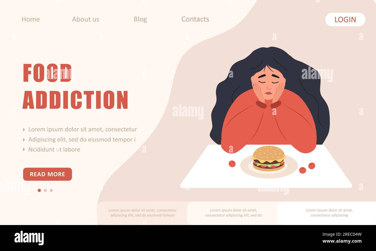 Food addiction landing page template. Sad woman looks at hamburger and ...