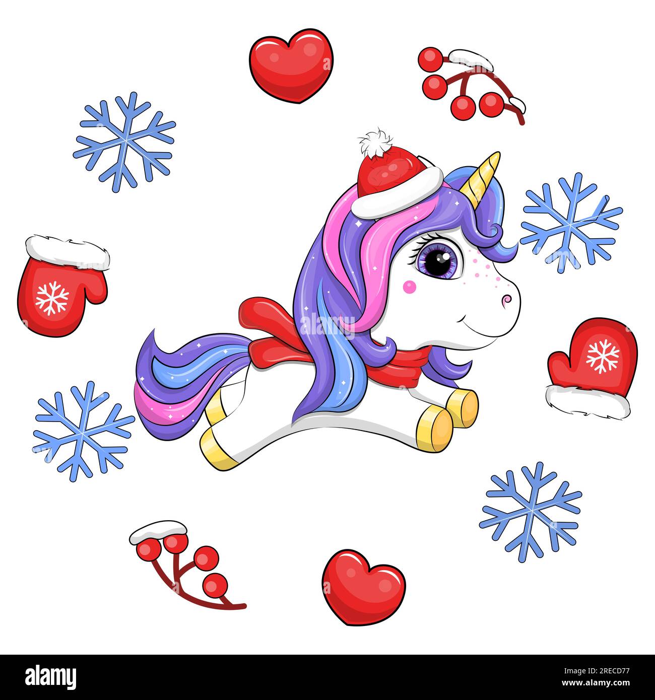 Cute cartoon white unicorn in a winter frame. Christmas vector ...