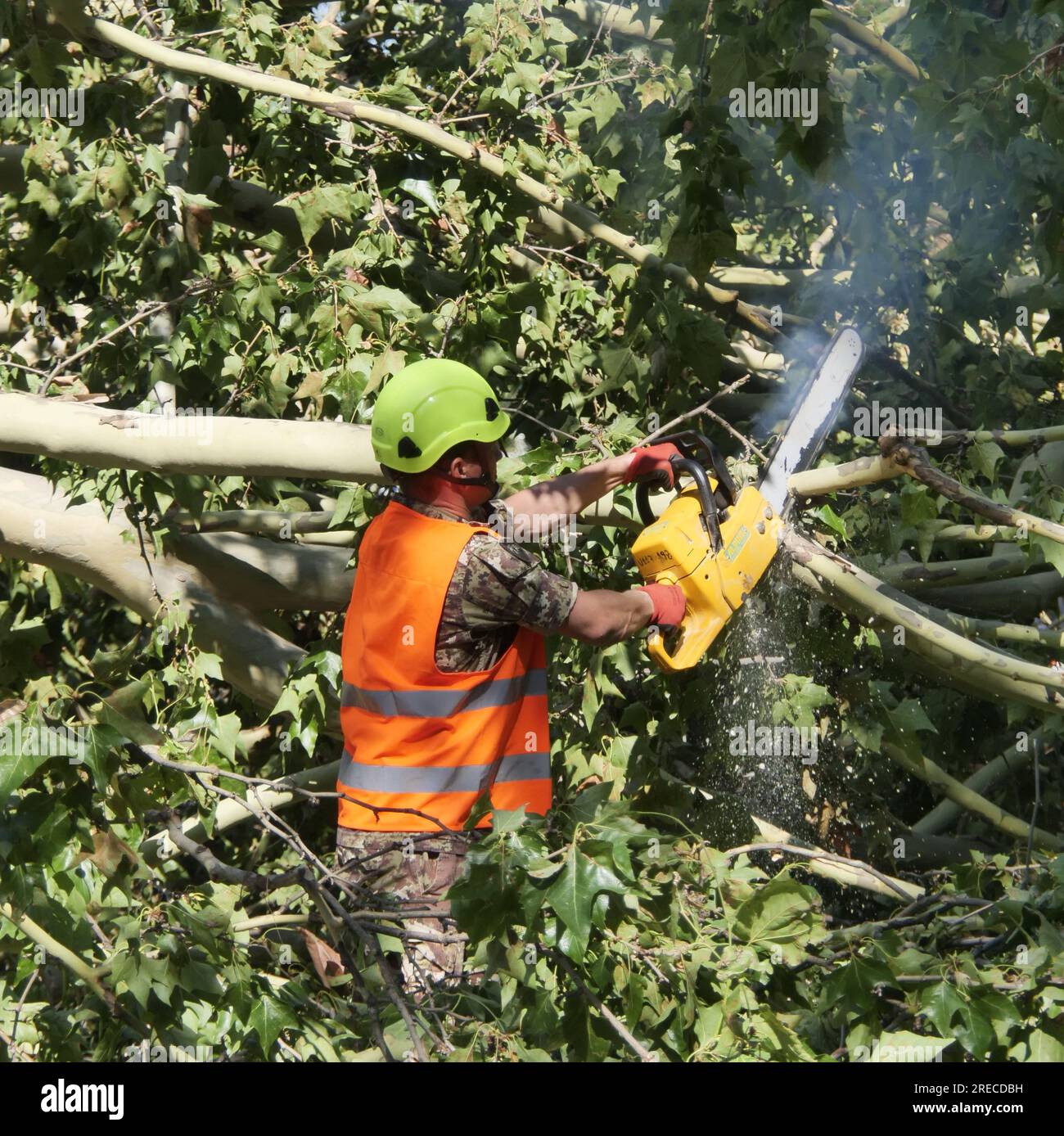 Civil protection operators at work with a chainsaw to free the cars ...