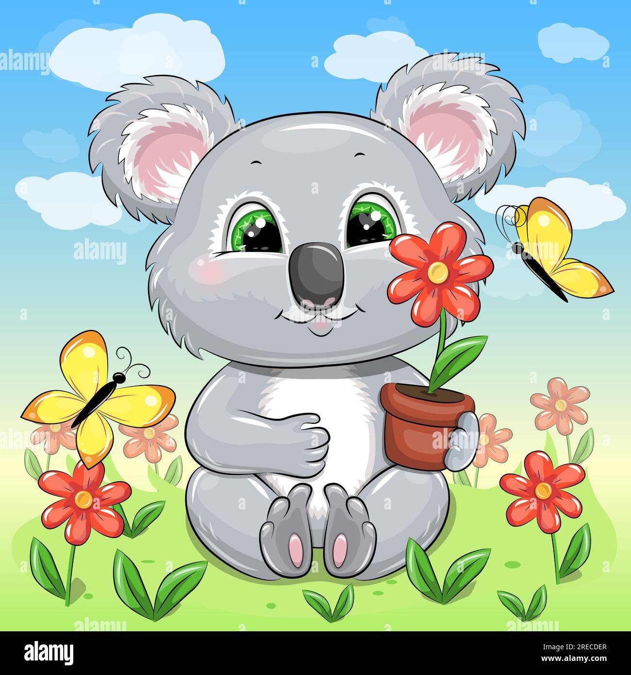 Cute cartoon koala holding a flower pot with a red flower. Vector ...