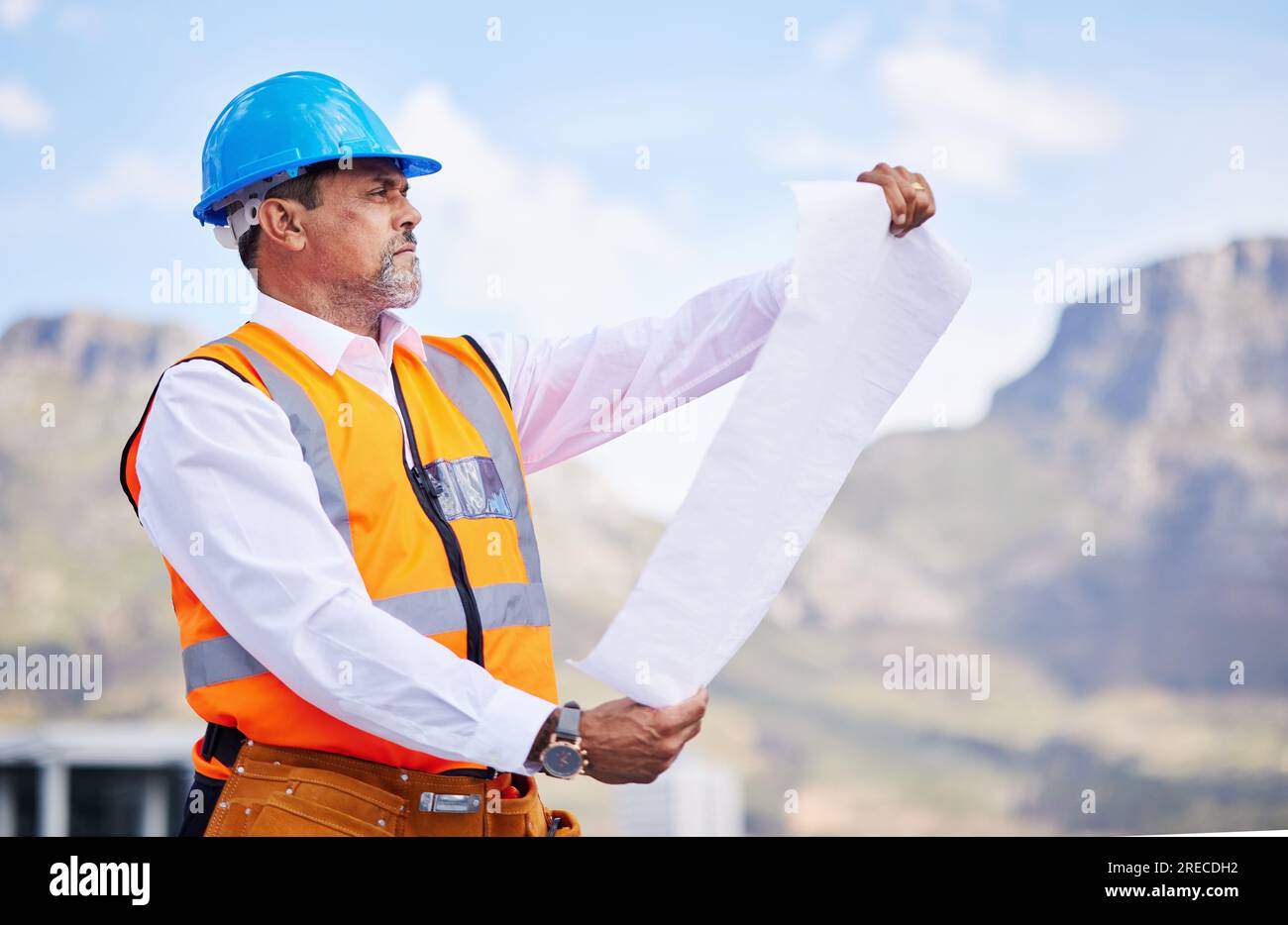 Engineering man, floor plan and outdoor construction, planning and ...