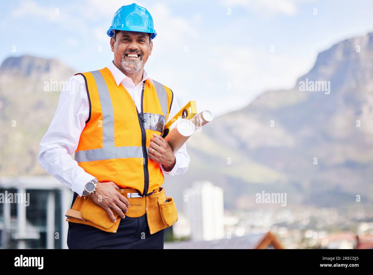Man, engineering portrait and city with blueprint construction, project ...