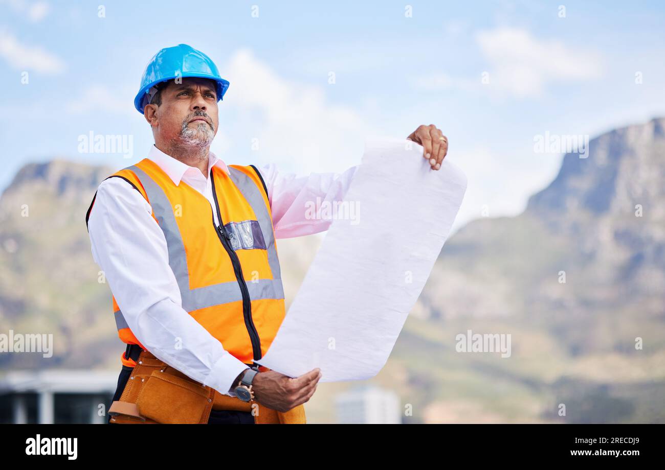 Engineering man, thinking and blueprint for outdoor construction ...