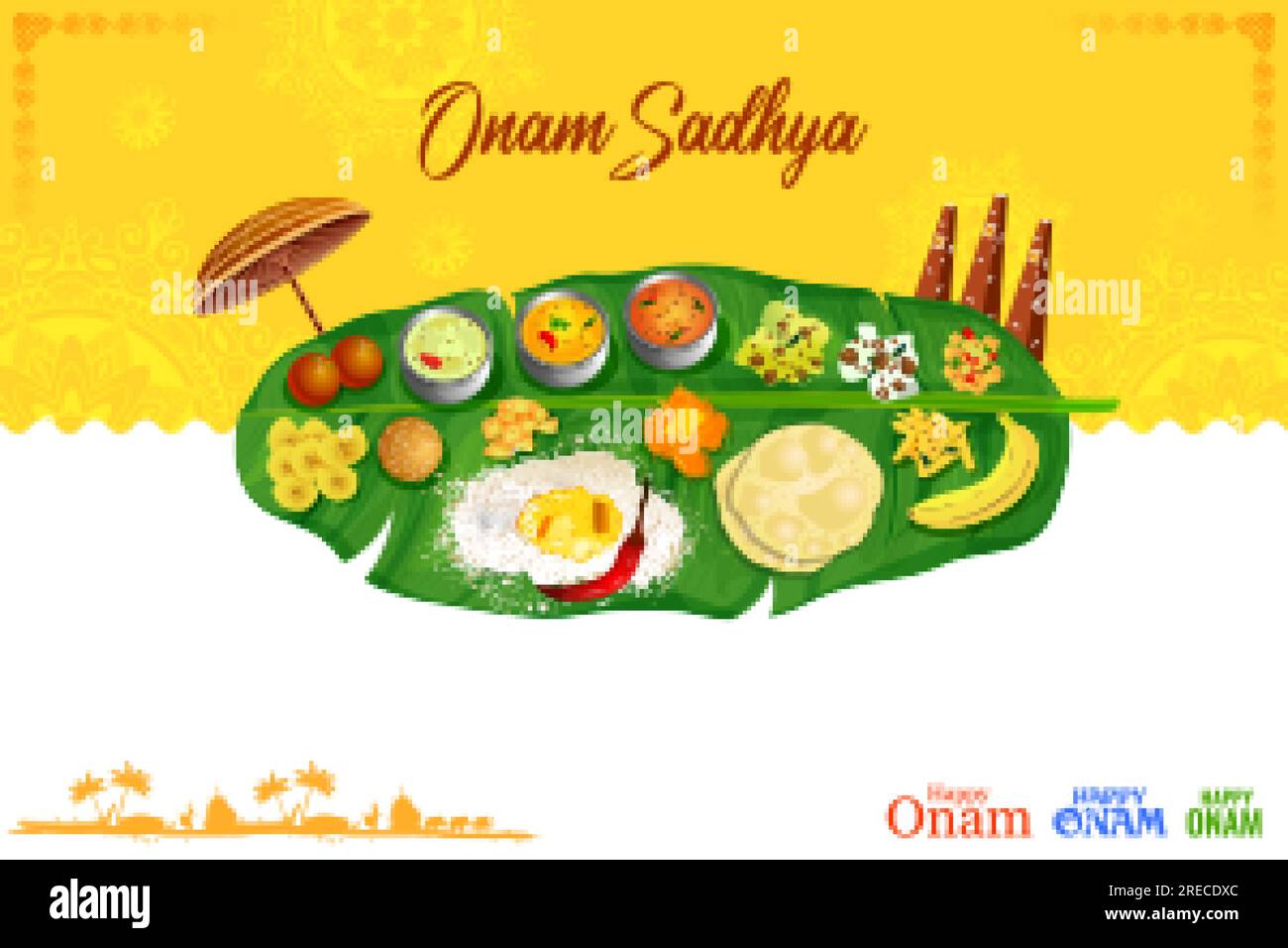 illustration of Sadya feast on banana leaf in celebration background ...