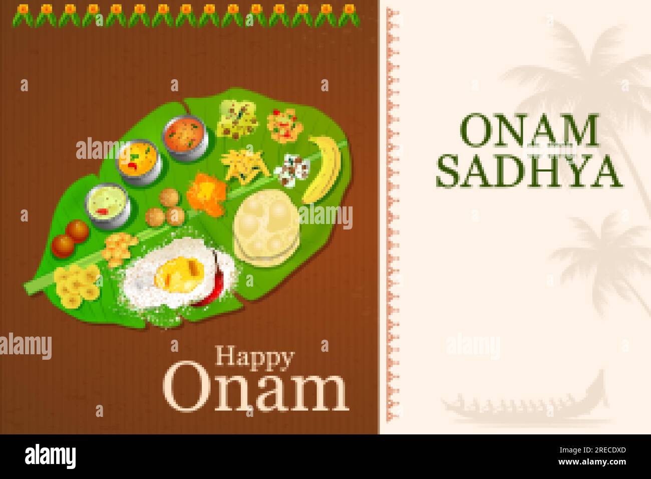 illustration of Sadya feast on banana leaf in celebration background ...