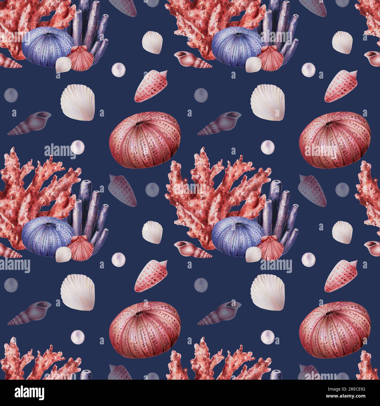 Watercolor seamless pattern with corals, urchin, shells and pearls ...