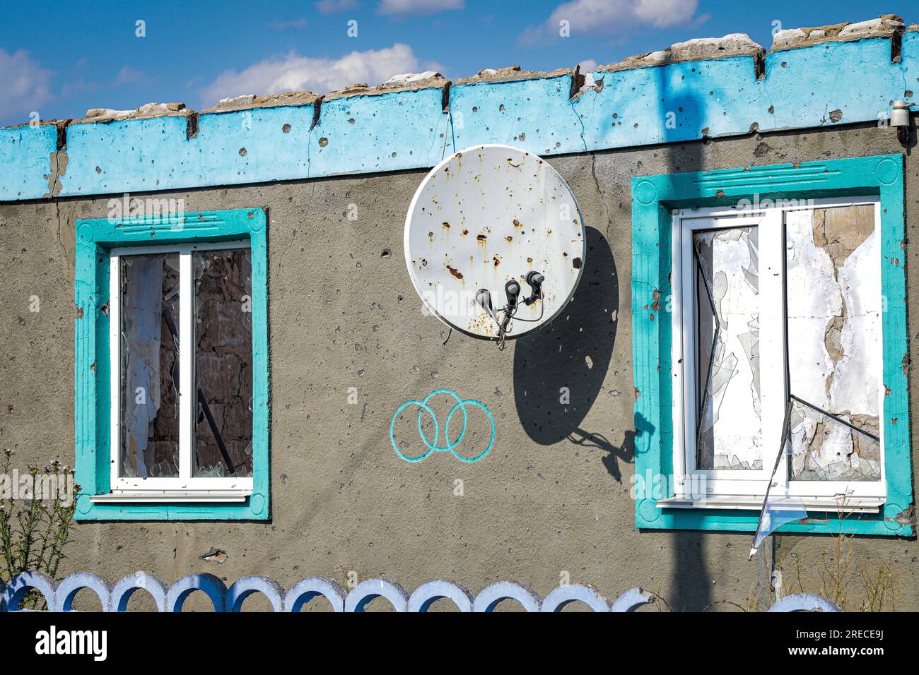 BLAHODATNE, UKRAINE - JULY 19, 2023 - A satellite dish is seen on the ...