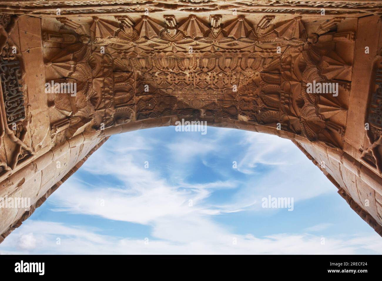 ishak pasha palace in dogubayazit, agri, turkiye. low angle view door ...