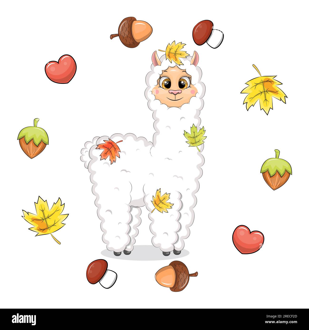 Cute cartoon llama with fallen leaves in autumn frame. Vector ...