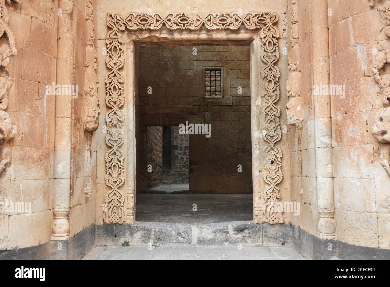 ishak pasha palace in dogubayazit, agri, turkiye. Palace gate decorated ...