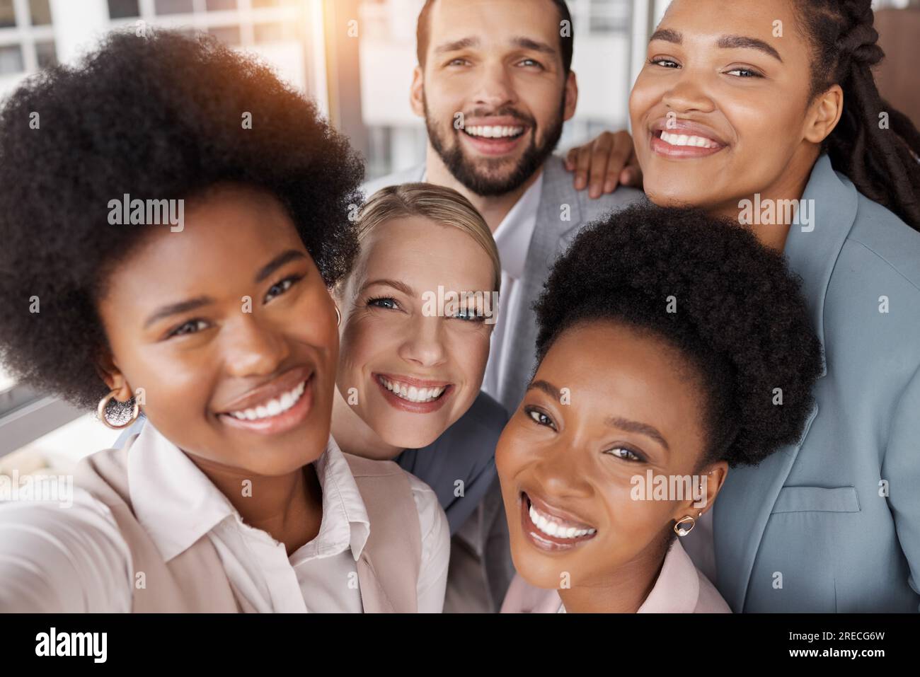 Young business people, group selfie and portrait with diversity, smile on face and teamwork at ...