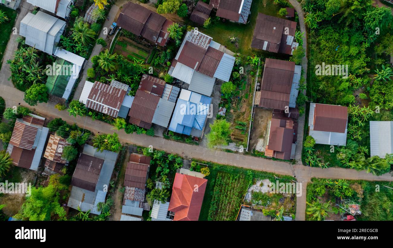 Aerial View of a serene rural village with green garden in Northeast ...