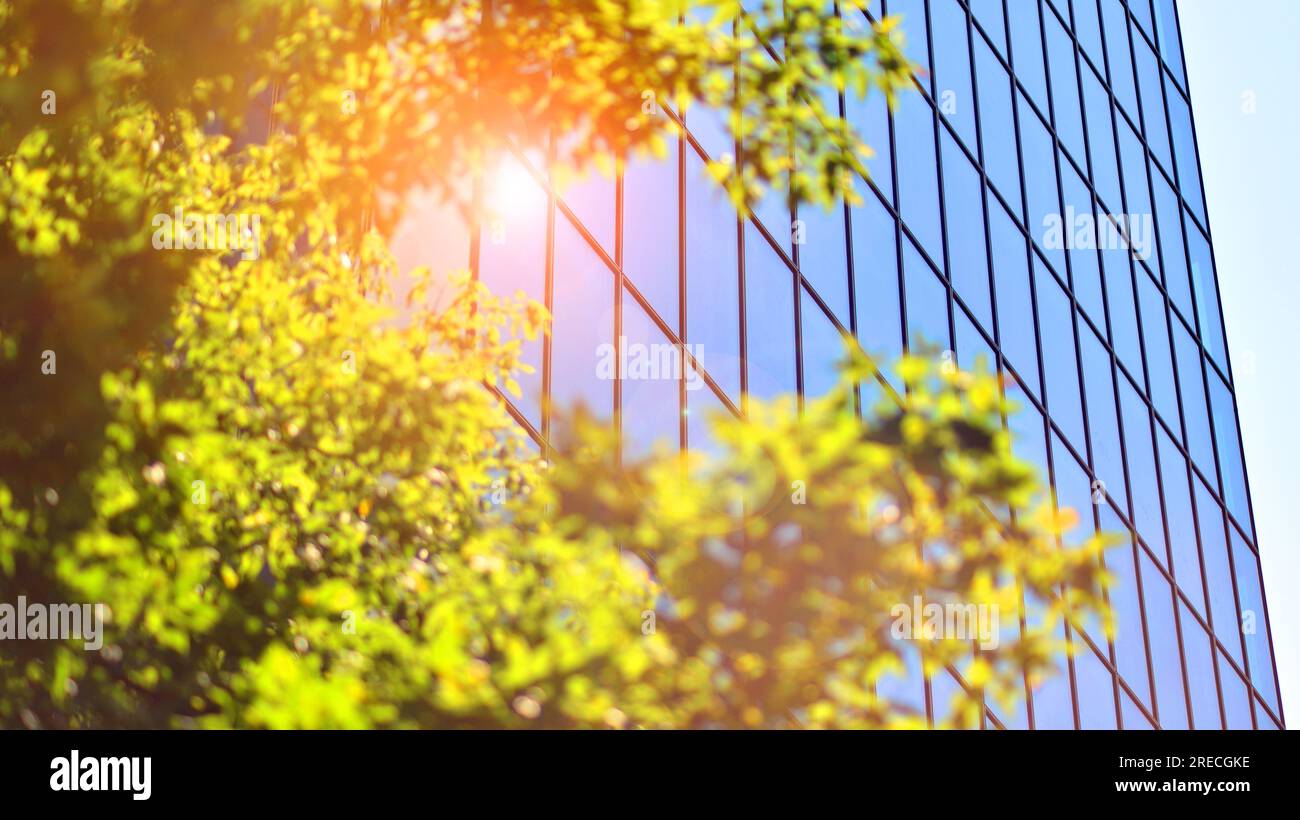 Reflection of modern commercial building on glass with sunlight. Eco ...
