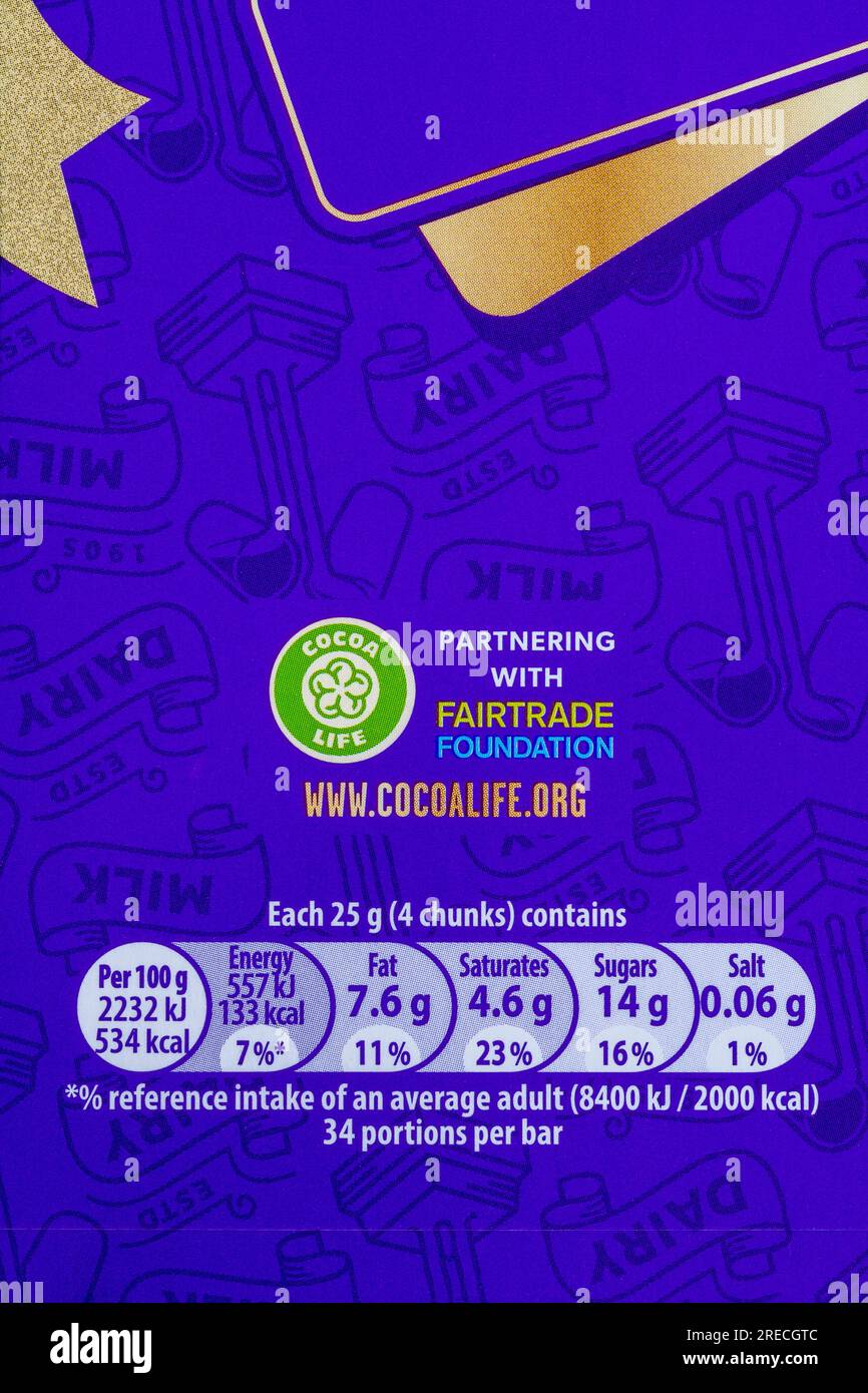 Nutrition information on large 850g Cadbury Dairy Milk Chocolate bar ...