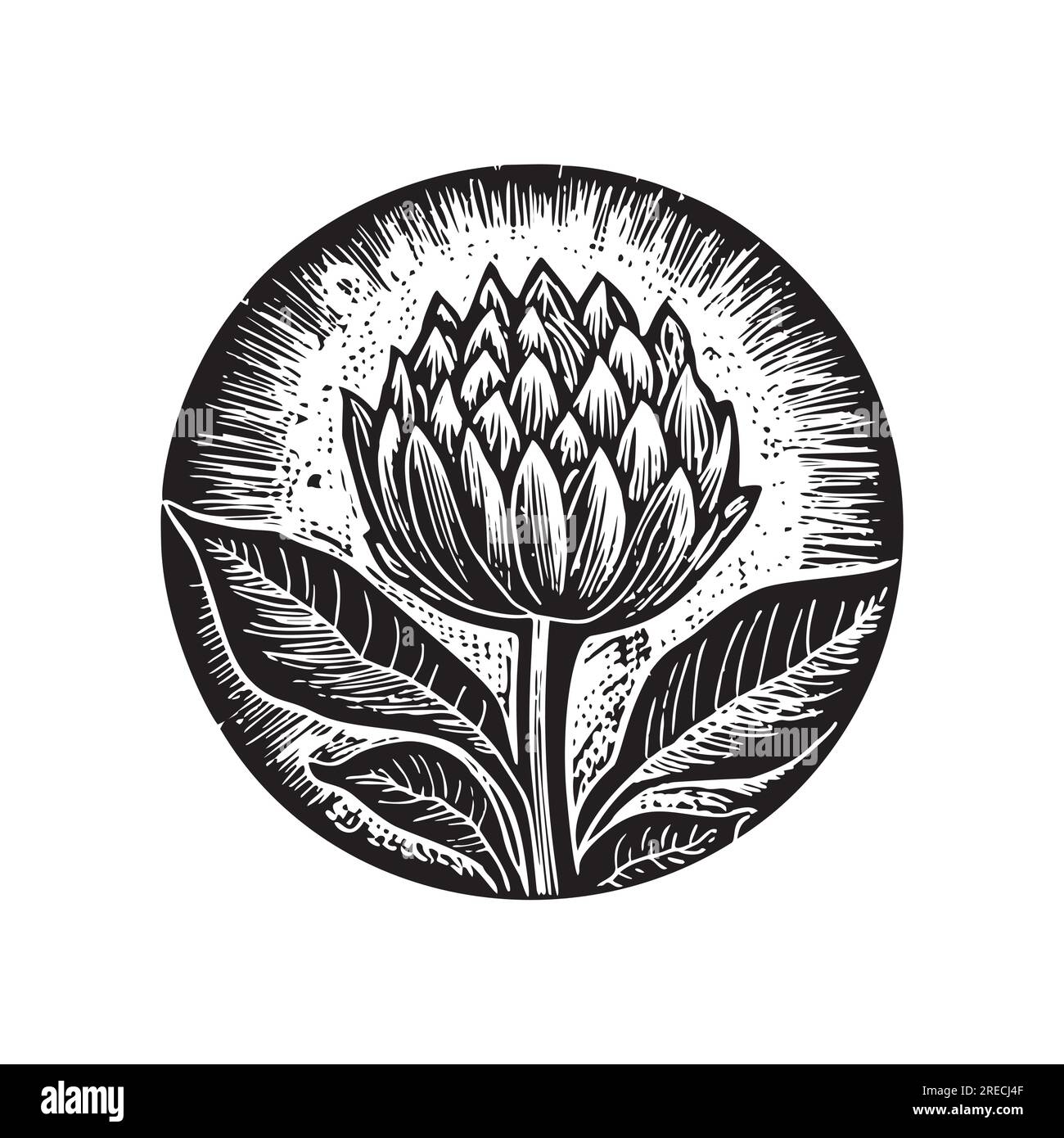 Nordic linocut floral in rustic circle motif for quirky print. Hand ...