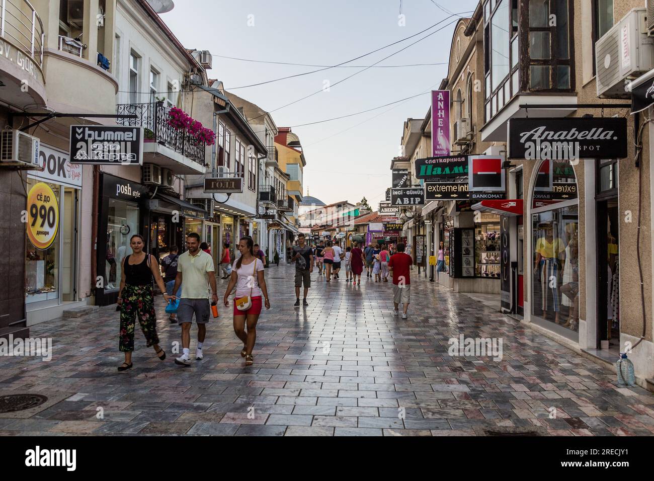 OHRID, NORTH MACEDONIA - AUGUST 7, 2019: Pedestrian street in the old ...