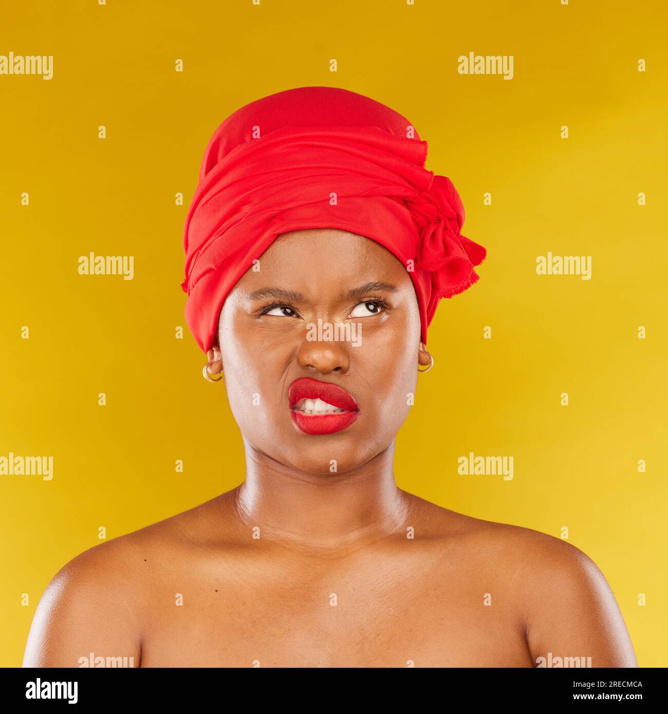 Makeup, fail and face of black woman in studio angry with cosmetic or ...