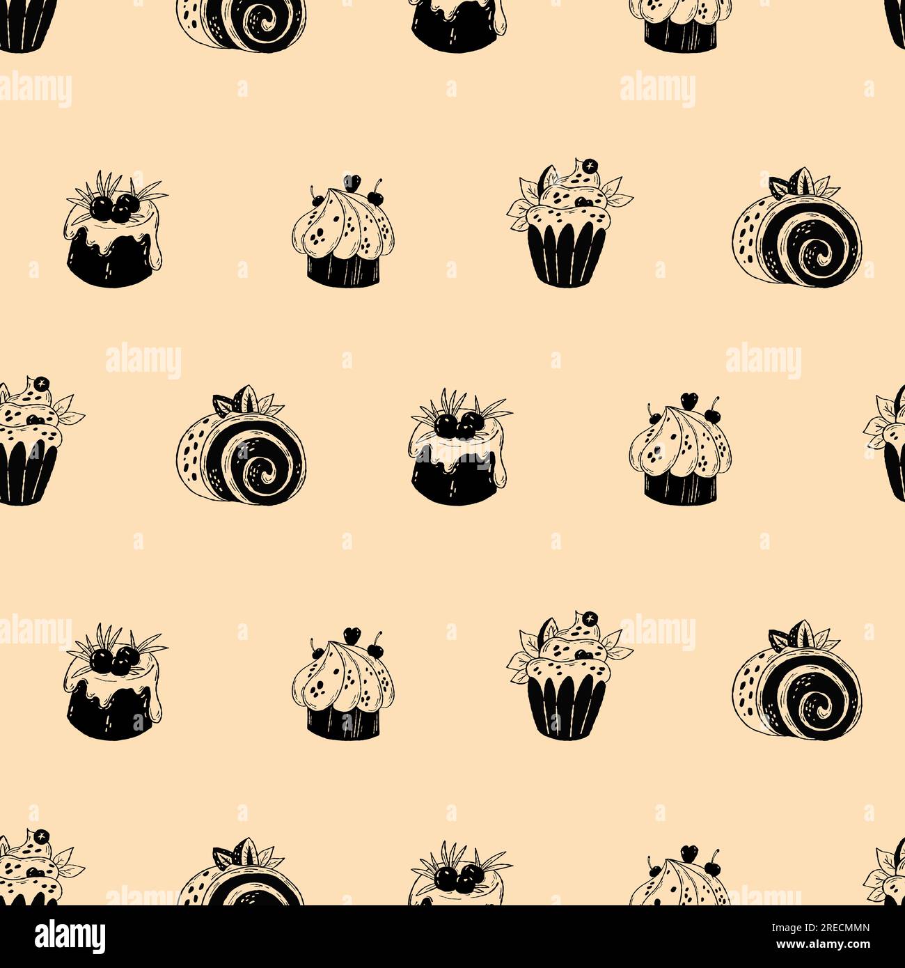 Sweet seamless pattern. Delicious food, cupcake, roll, cakes berries ...