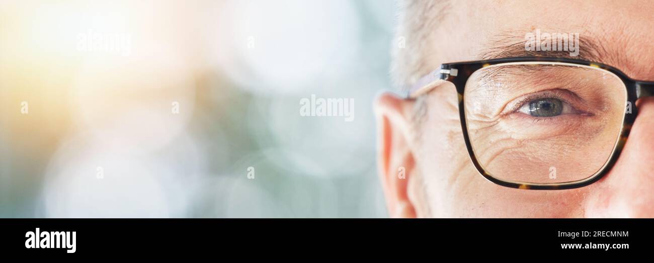 Portrait, mockup and a man in glasses for vision at the optometrist for ...