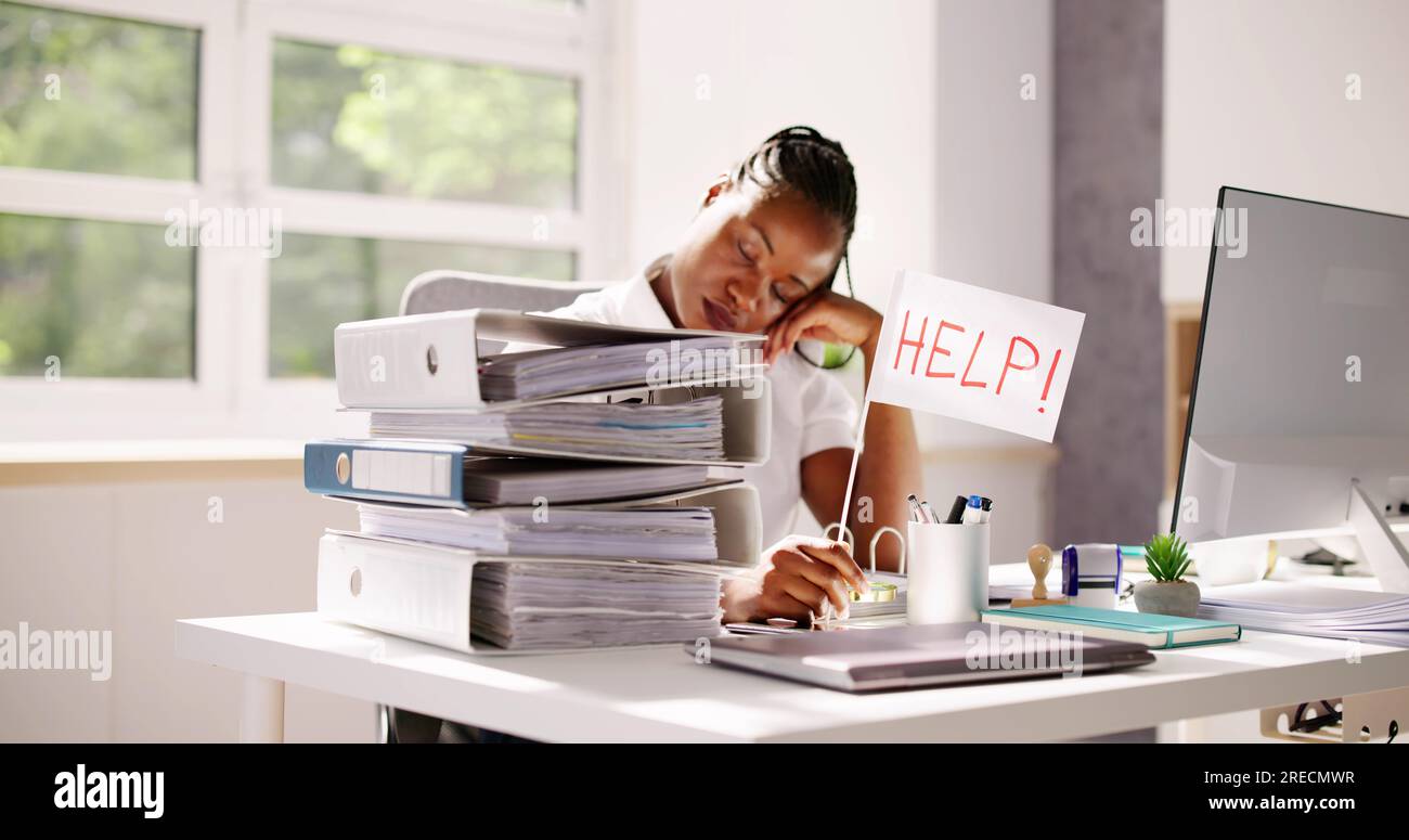 Sad Men In Office With Tax Workload And Paper Files Holding Help Flag ...