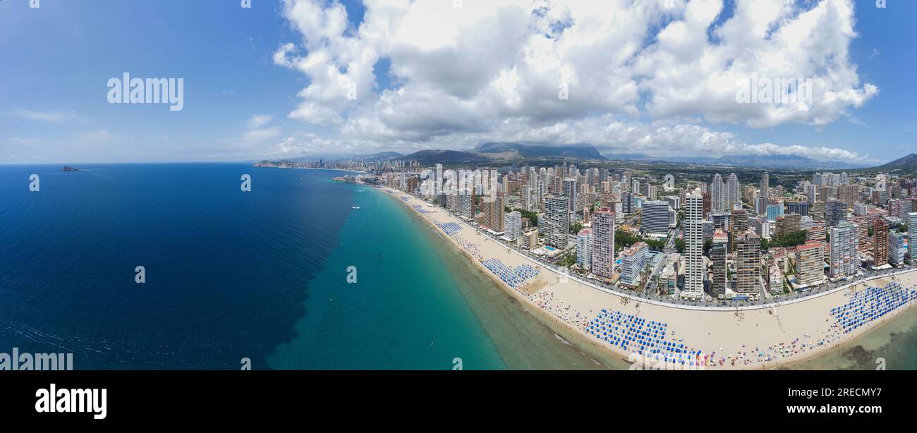 Extremely wide angle panoramic aerial photo of the city of Benidorm in ...