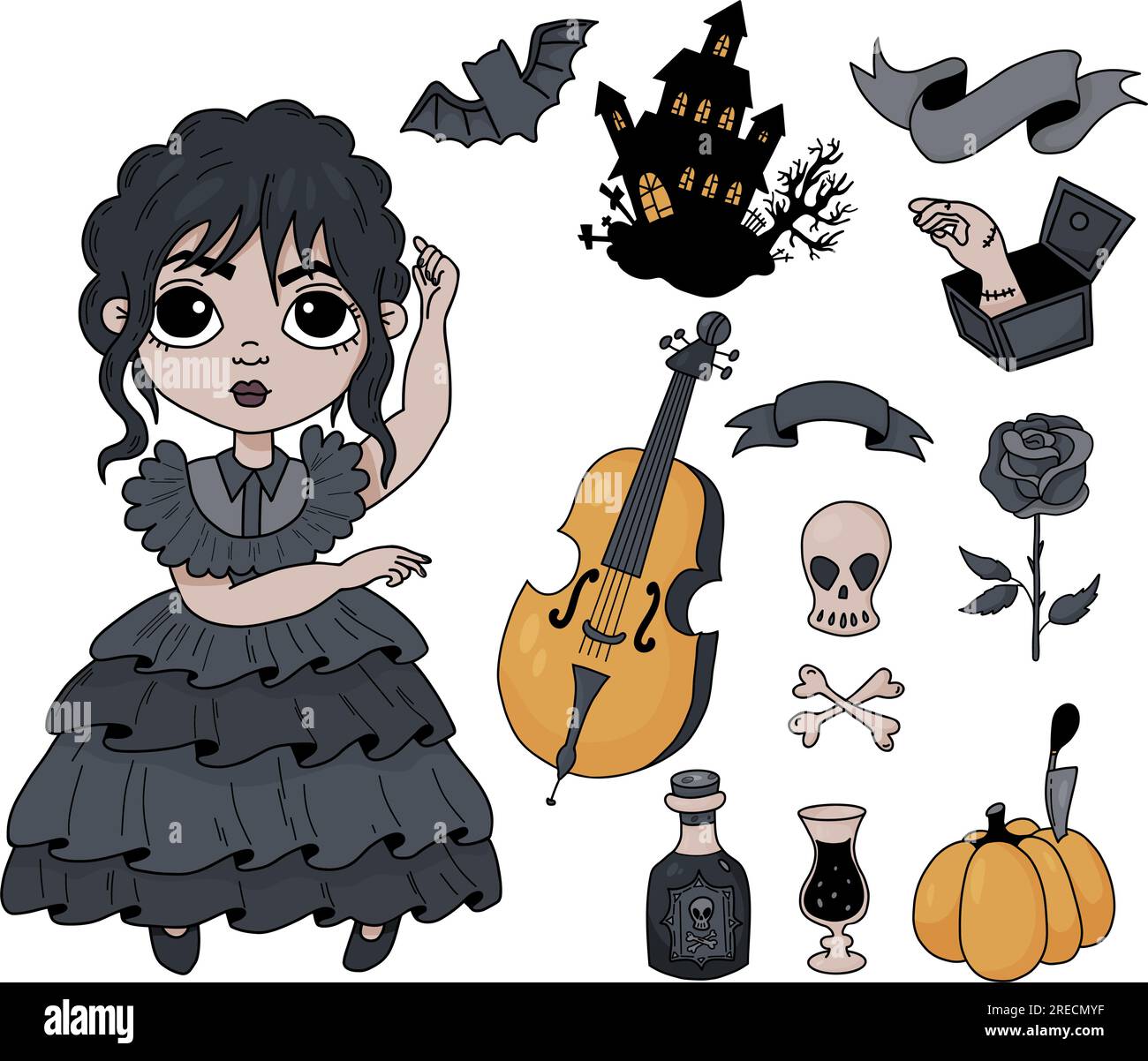 Gothic Halloween cute collection. Fantasy Dancing girl, spooky house ...