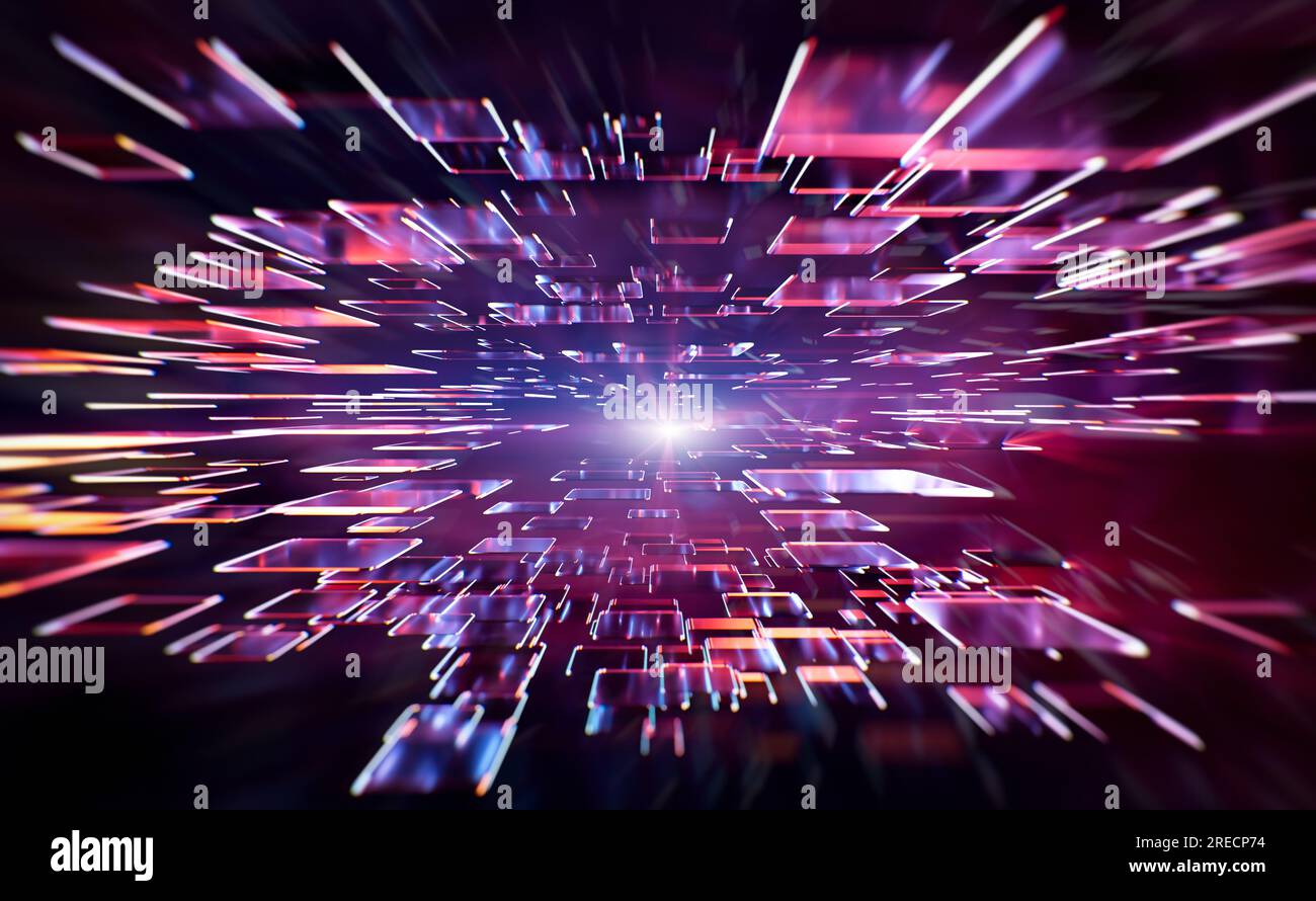 Abstract background, technology concept, 3D rendering, flying glass squares with colorful light ...