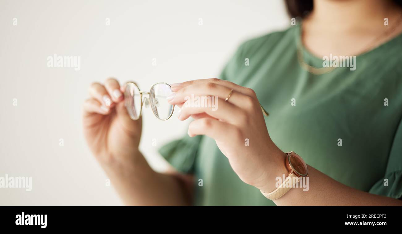 Hands, glasses and vision for optometry with women for healthy sight ...