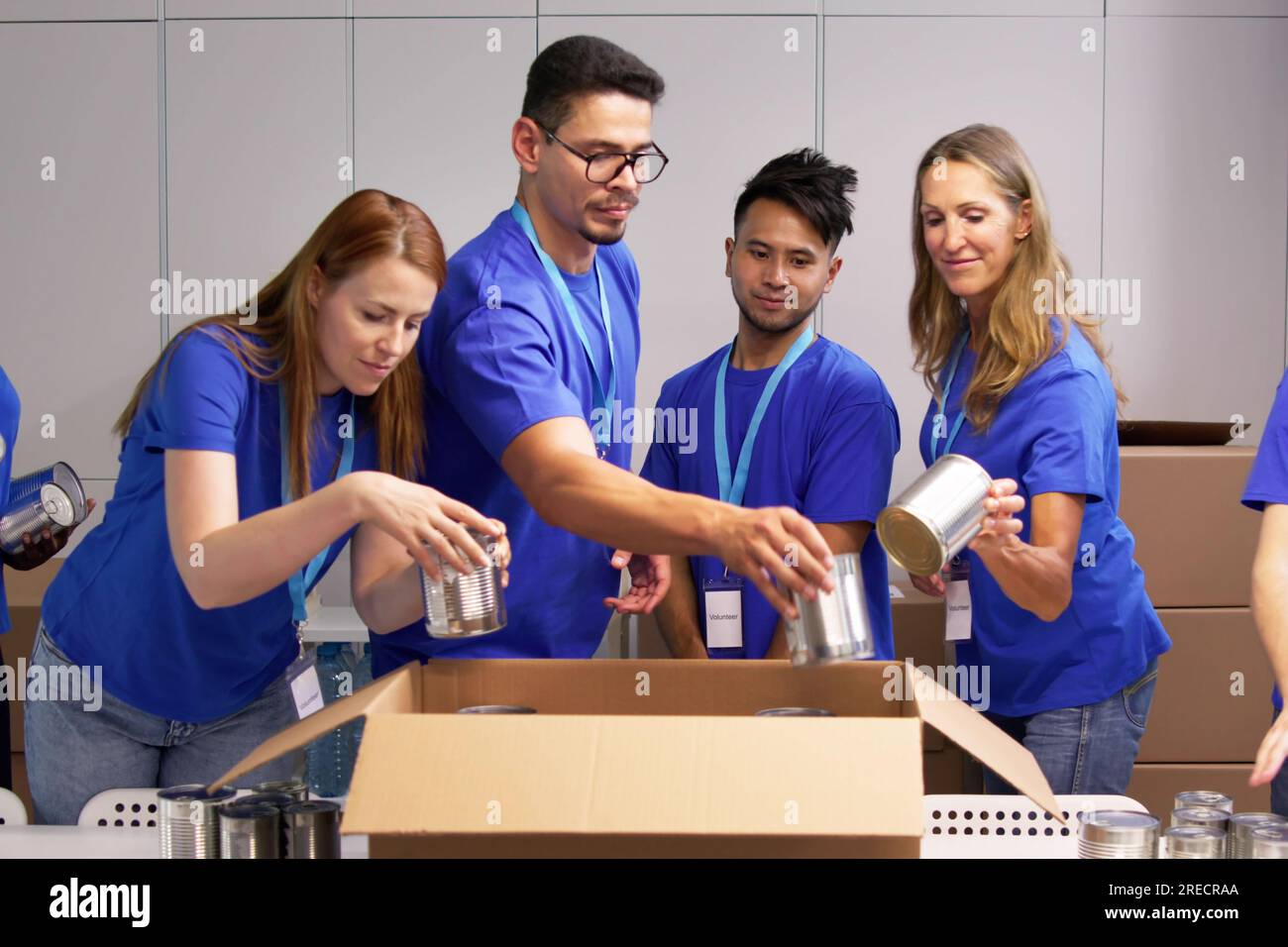 Food Bank Humanitarian Aid In Donation Boxes. Volunteer Community Stock ...