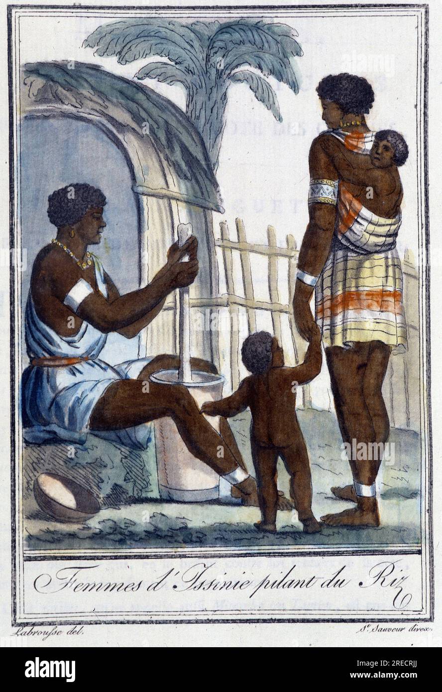 Femmes d'Issinie pilant le riz - in "Encyclopedie des voyages" par ...