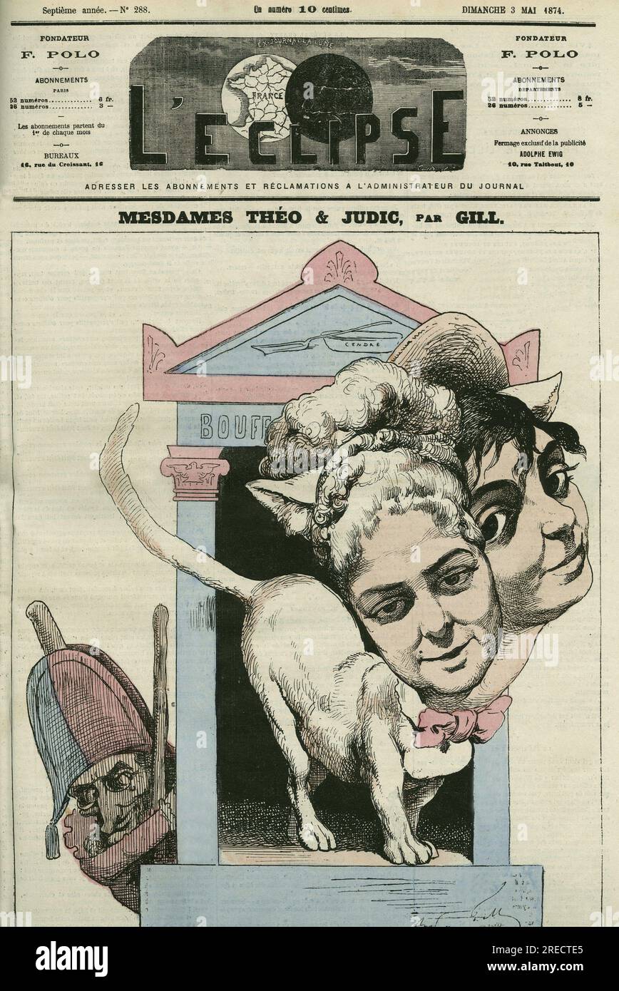 Caricature de mesdames Louise Theo et Anna Judic, chanteuses dans une ...