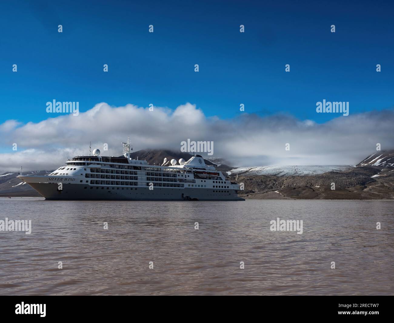 Silver Wind, one of SIlversea's expedition cruise ships, anchoring at Bockfjorden, Svalbard ...