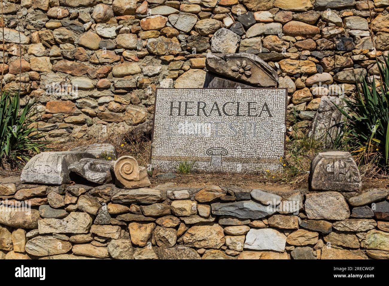 Sign Heraclea Lyncestis ancient ruins near Bitola, North Macedonia ...