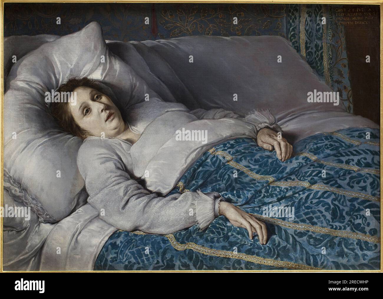Jeune femme sur son lit de mort. Peinture anonyme, huile sur toile ...