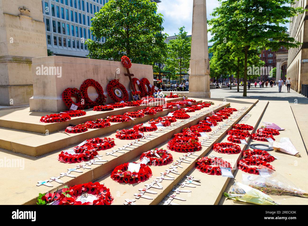 Manchester Cenotaph memorial with laid poppy wreaths St Peter's Square ...