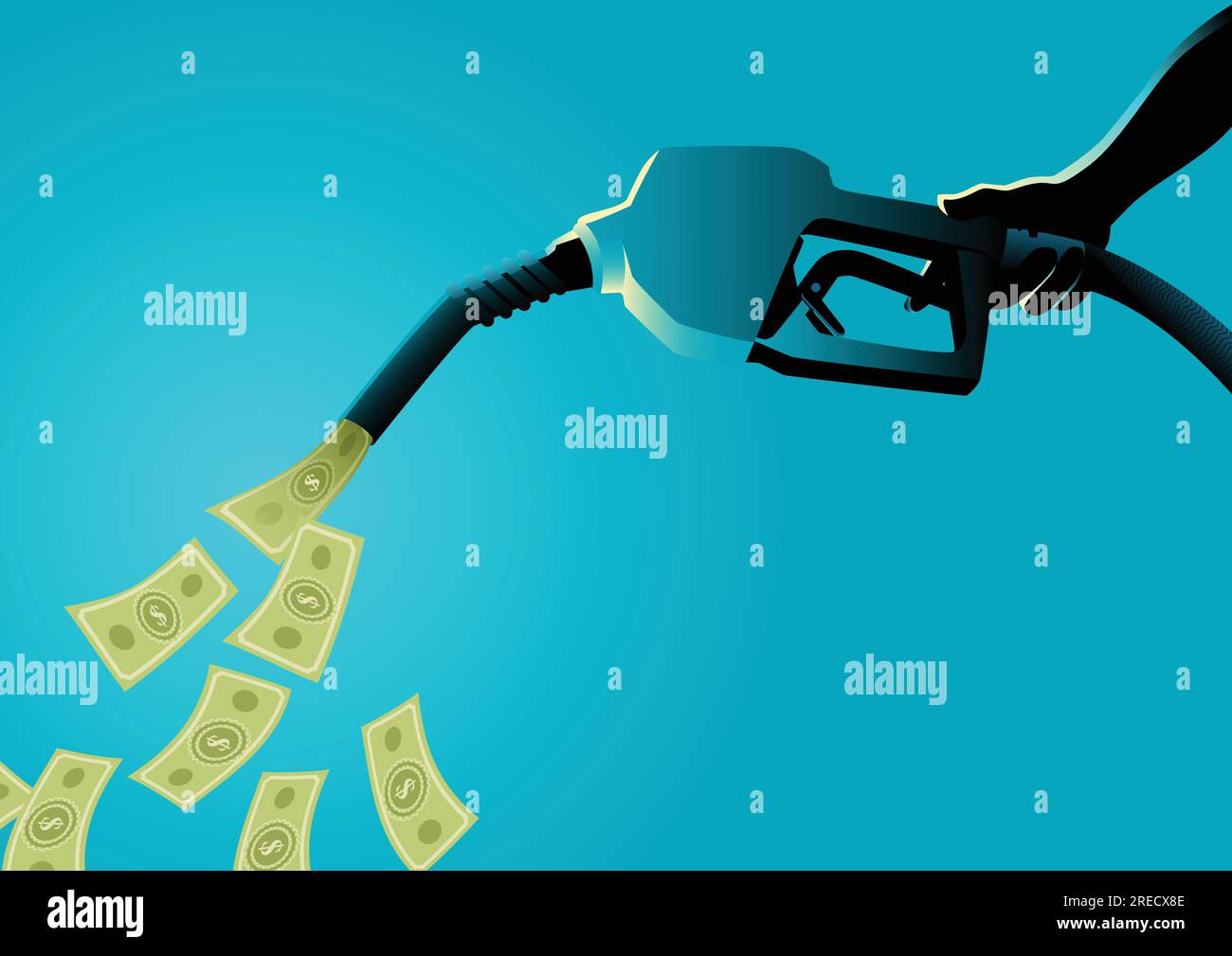 Vector illustration of a hand holding gasoline fuel pump pouring money ...