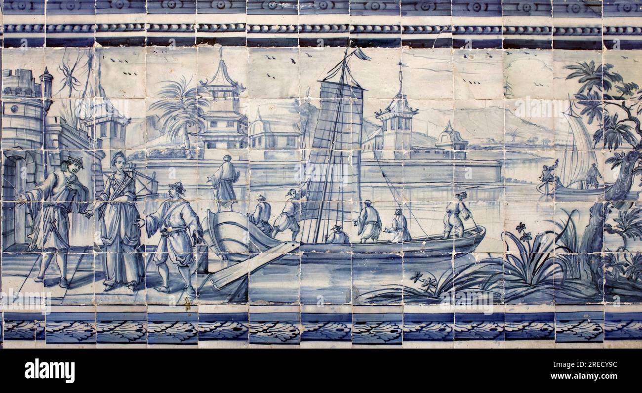 Scene sur les quais d'un fleuve en Asie - Azulejos, faience peinte, 18e ...