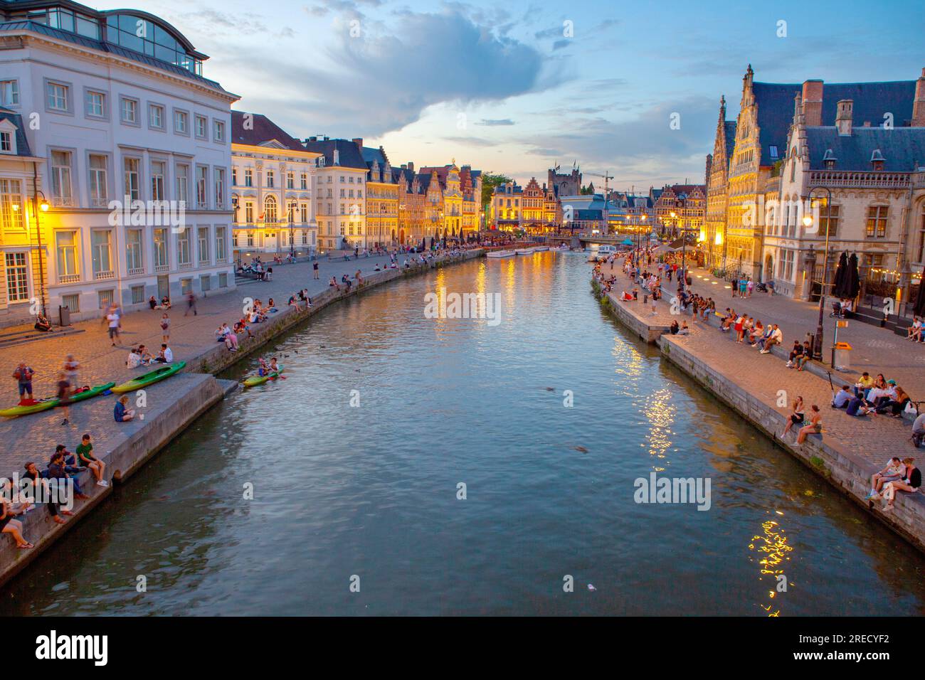 View down the river Lys from St Michael's bridge, Ghent, Belgium, dusk ...
