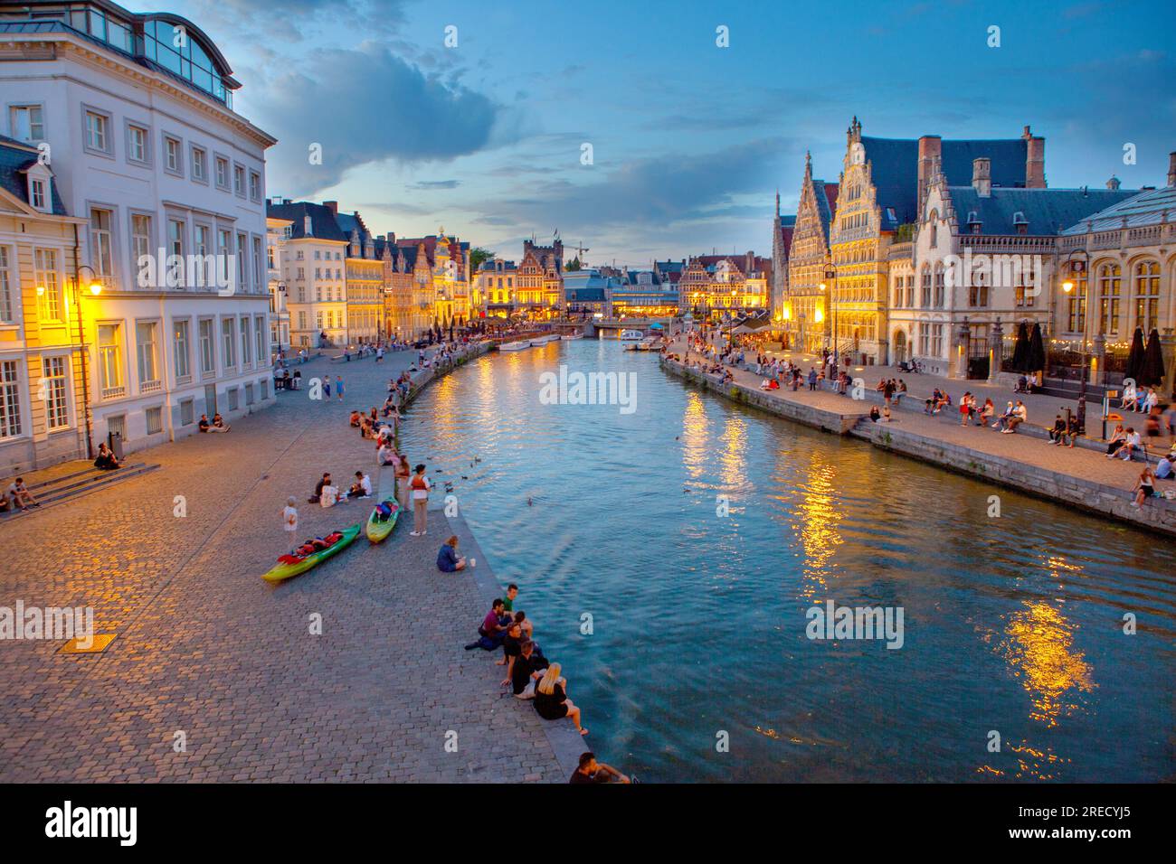 View down the river Lys from St Michael's bridge, Ghent, Belgium, dusk ...