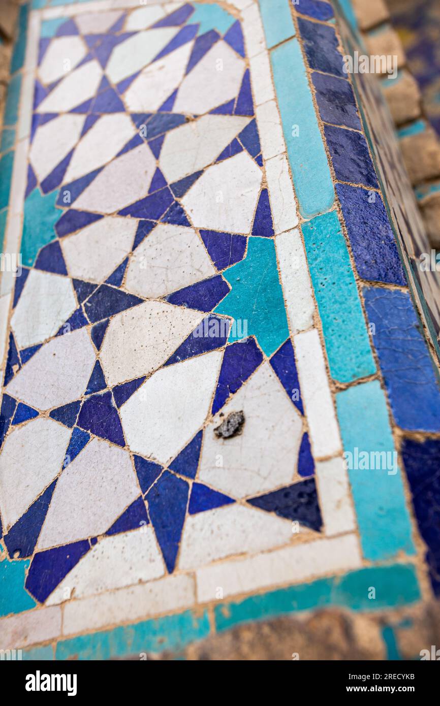 Close up photo of intricate ceramic tile mosaics which line the walls ...