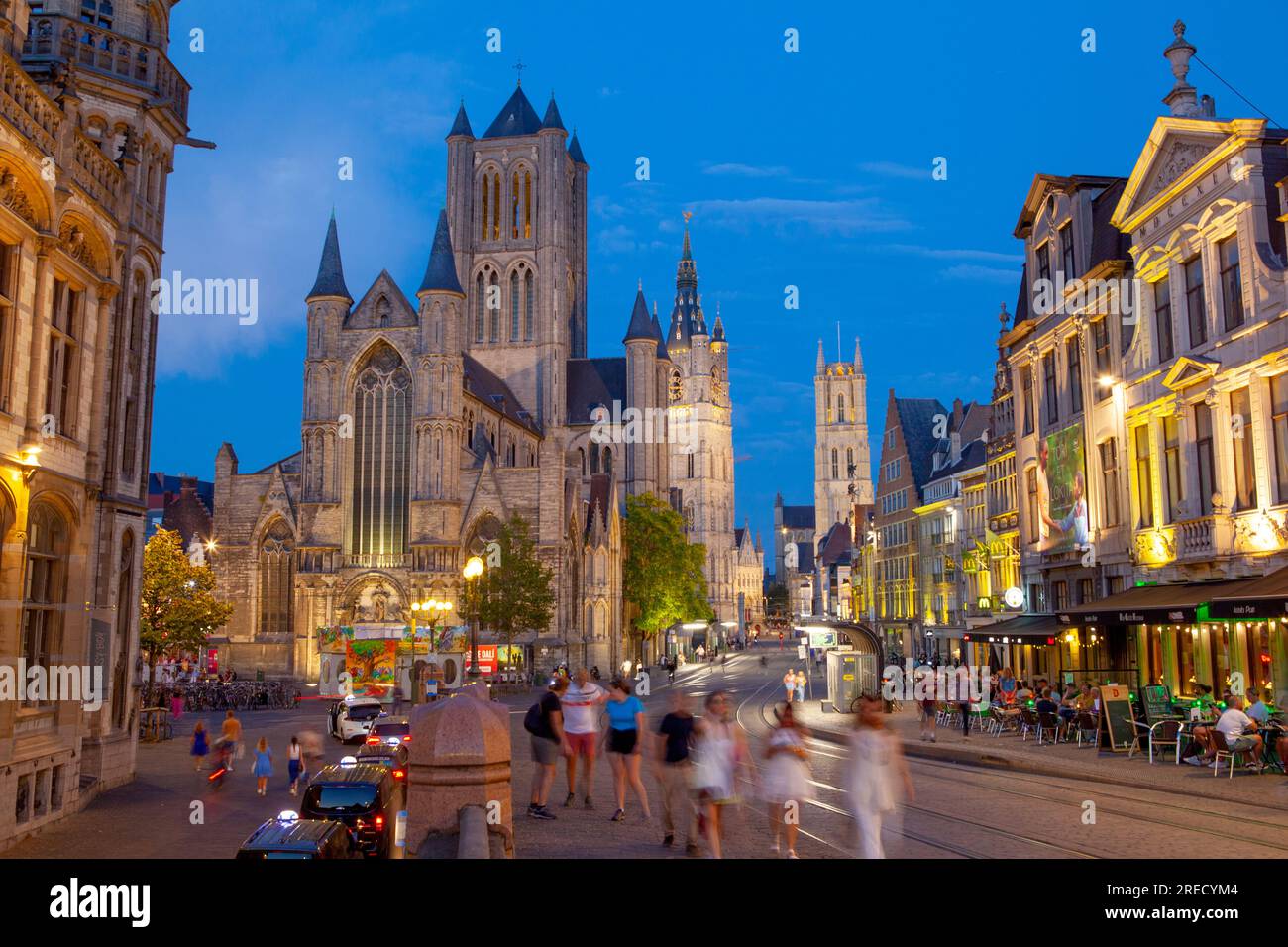 Saint Michael's Church in Ghent Town centre at dusk, August Stock Photo ...