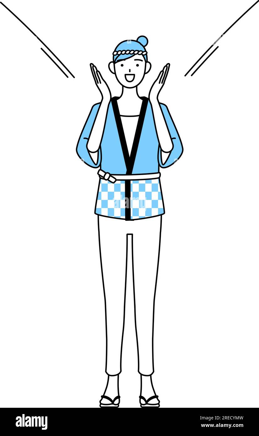 Woman wearing Happi coat for summer festivals calling out with her hand ...