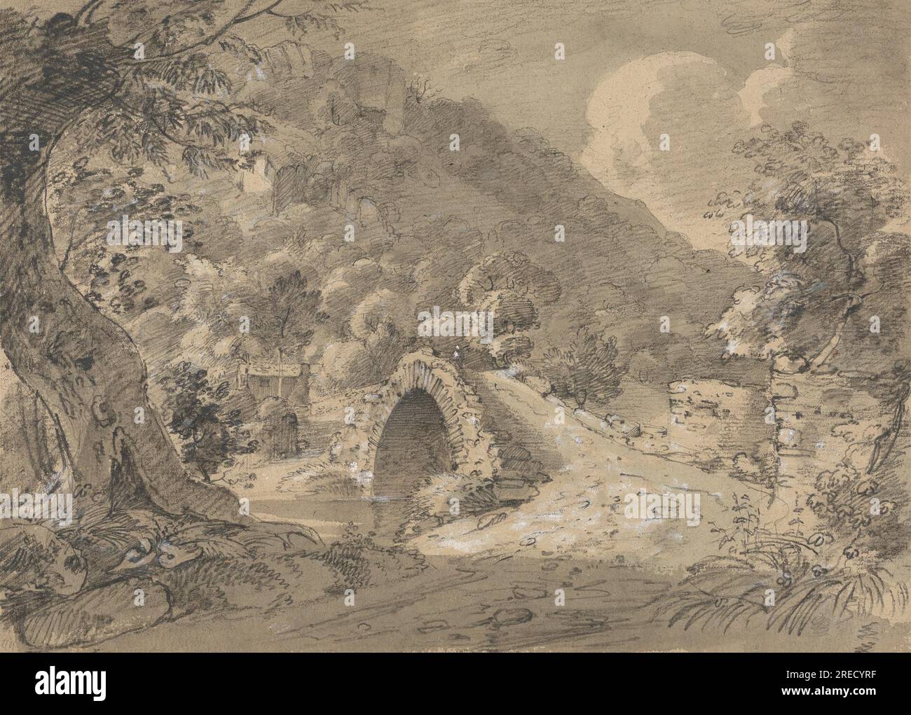 Mountainous Landscape with a Bridge and House circa 1816 by Isaac Weld ...