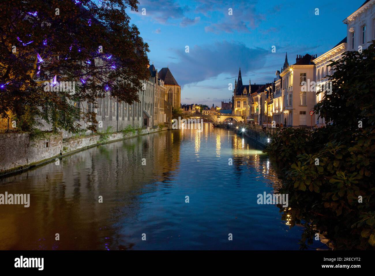 View down the river Lys from St Michael's bridge, Ghent, Belgium, dusk ...